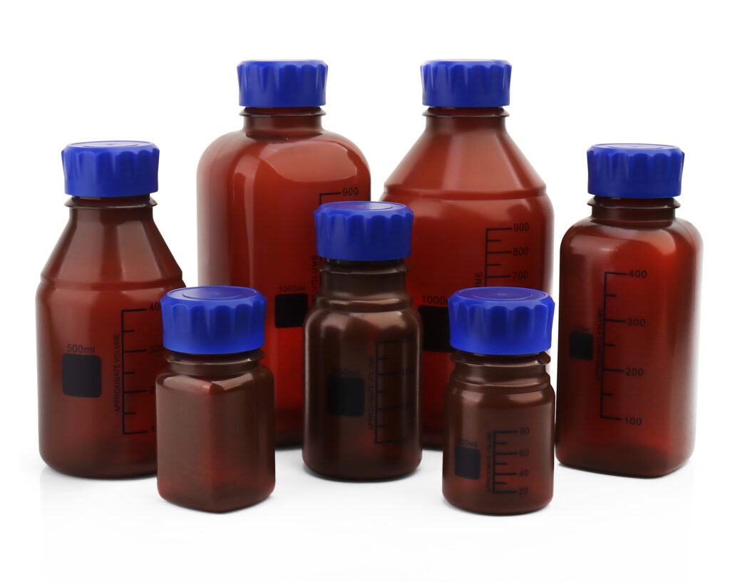 reagent botttle amber round polypropylene with gl45 blue screw cap ...